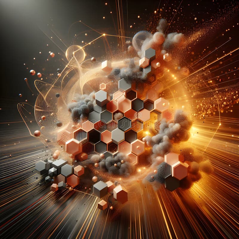 Abstract Scene Featuring a Cluster of Hexagons Exploding with Energy ...