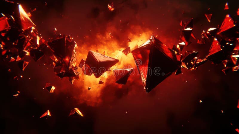 Abstract Scene Featuring Floating Red Crystals Amidst an Explosive ...
