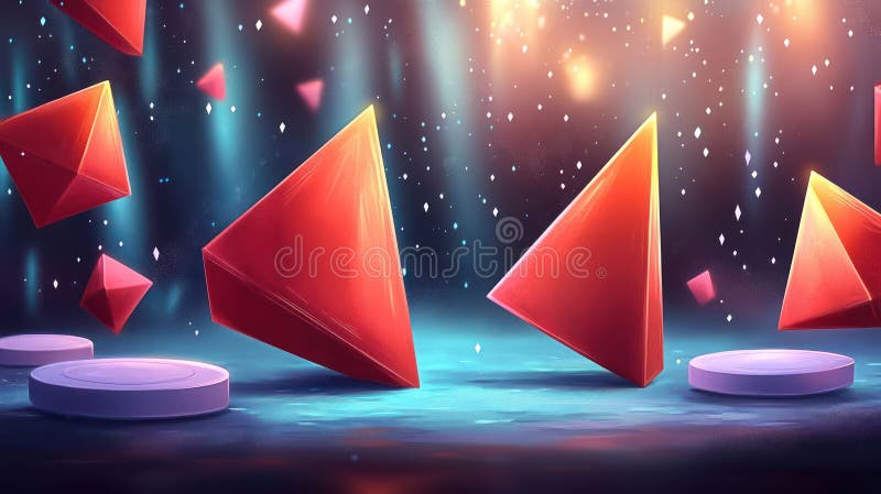 Abstract Scene Featuring Floating Red Pyramids and Geometric Shapes in ...