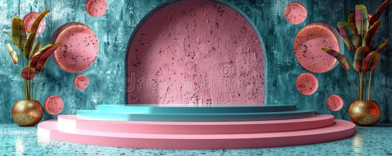 Abstract Pink Podium with Blue Background and Golden Plants in Modern ...