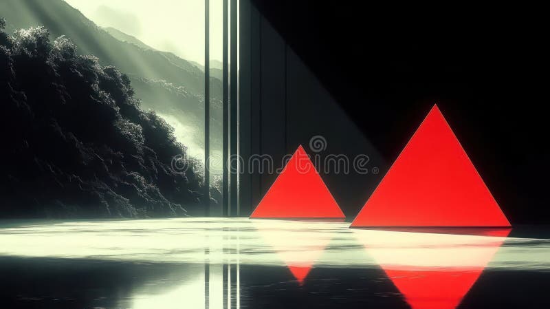 Abstract Scene Featuring Red Pyramids Against a Dramatic Landscape with ...