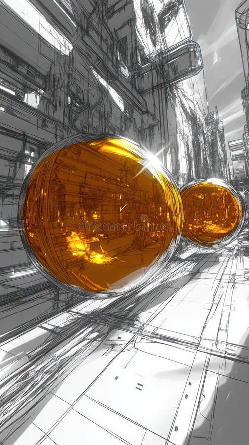 Abstract Scene Featuring Two Reflective Orange Spheres in a Sketched ...