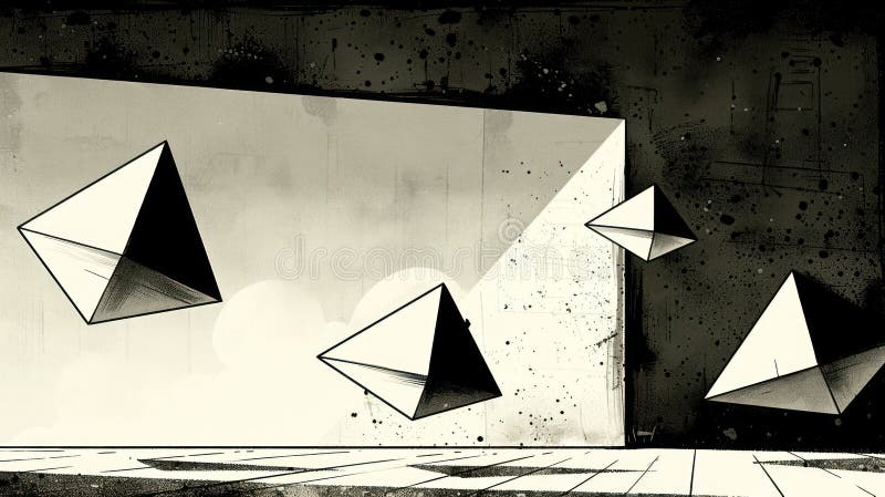 Abstract Scene with Floating Pyramids Against a Textured Wall, Evoking ...
