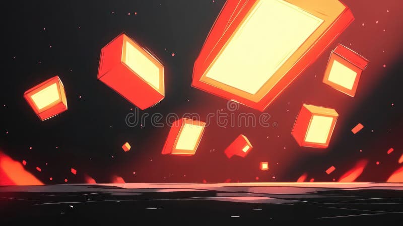 Abstract Scene with Floating Red and Yellow Blocks Against a Dark ...