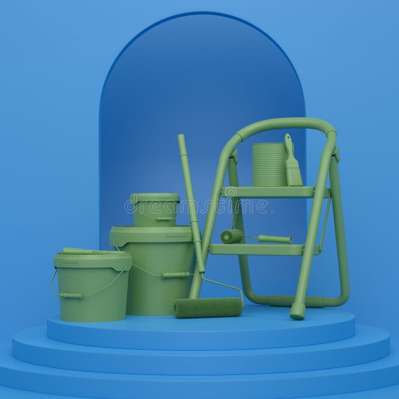 Abstract Scene with Folding Ladder, Bucket and Paint Roller on ... Abstract Scene with Folding Ladder, Bucket and Paint Roller on ...