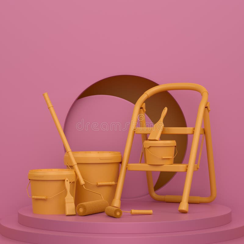 Abstract Scene with Folding Ladder, Bucket and Paint Roller on ... Abstract Scene with Folding Ladder, Bucket and Paint Roller on ...