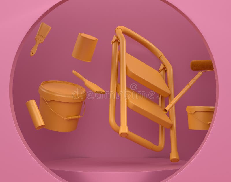 Abstract Scene with Folding Ladder, Bucket and Paint Roller on ... Abstract Scene with Folding Ladder, Bucket and Paint Roller on ...