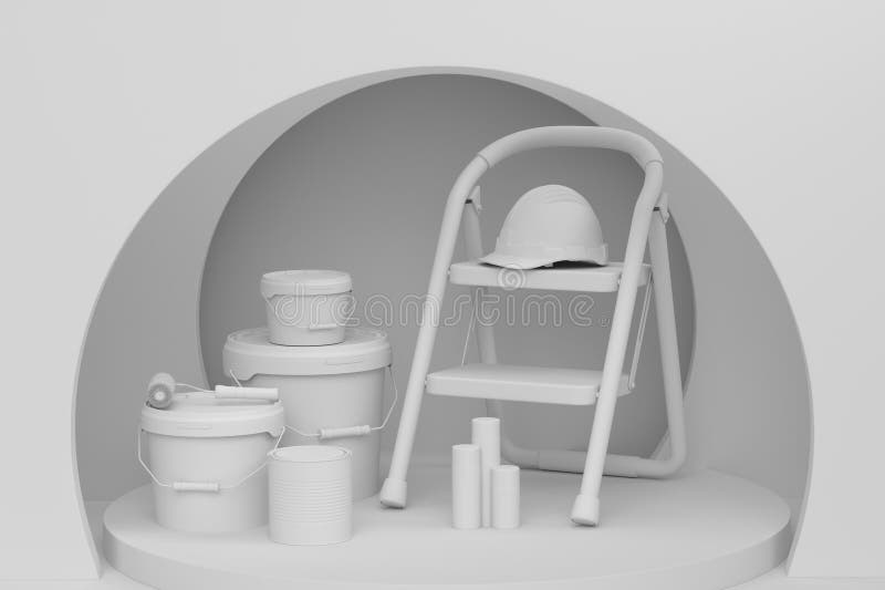 Abstract Scene with Folding Ladder, Bucket and Paint Roller on ...