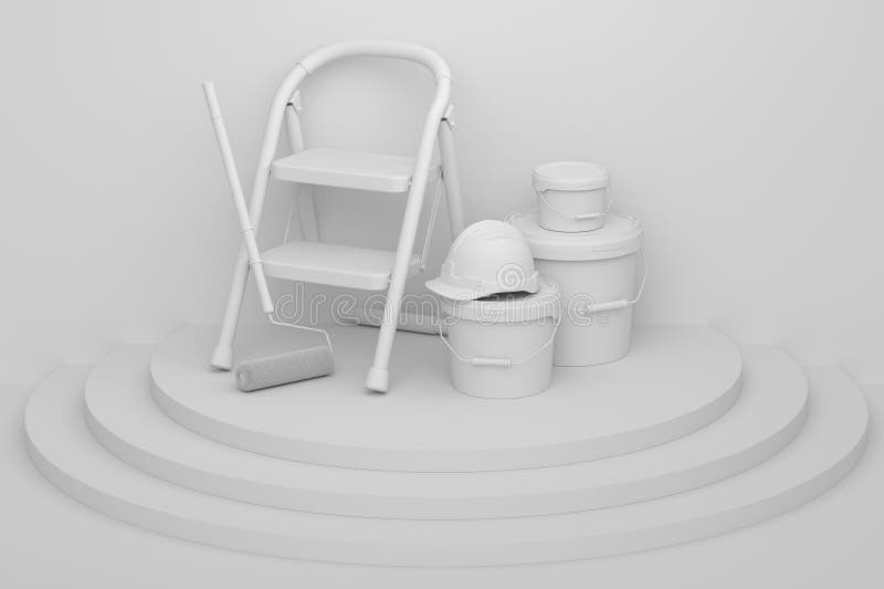 Abstract Scene with Folding Ladder, Bucket and Paint Roller on ...