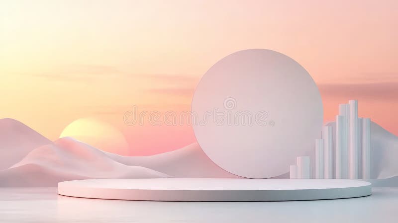 Abstract Scene with Geometric Shapes, a Circular Platform, and Soft ...