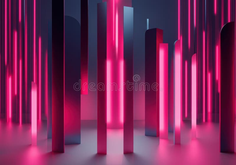 Abstract Scene with Glowing Pink and Blue Vertical Pillars in a Dark ...