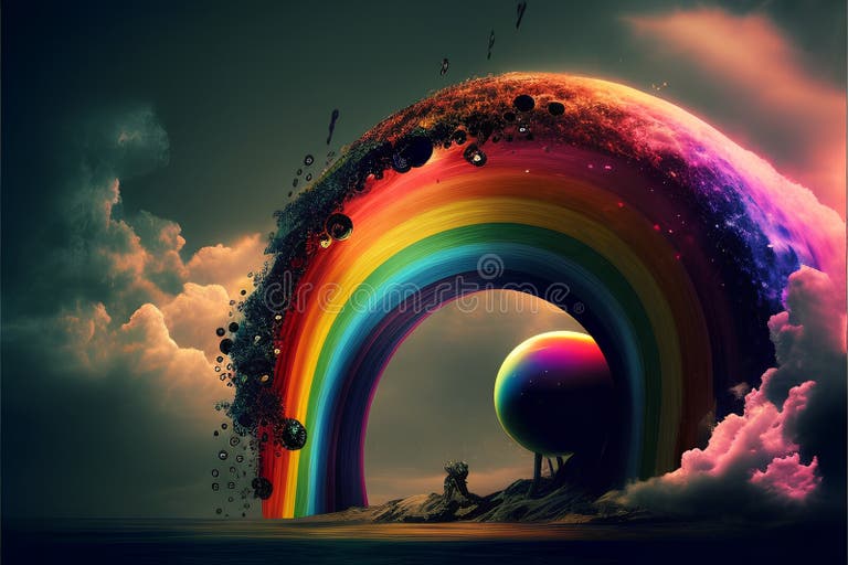 Abstract Scene with Rainbow and Planet in the Sky, 3d Illustration ...