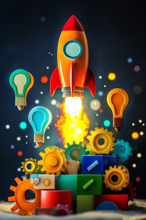 An Abstract Scene of a Rocket Lifting Off from a Stack of Colorful ...