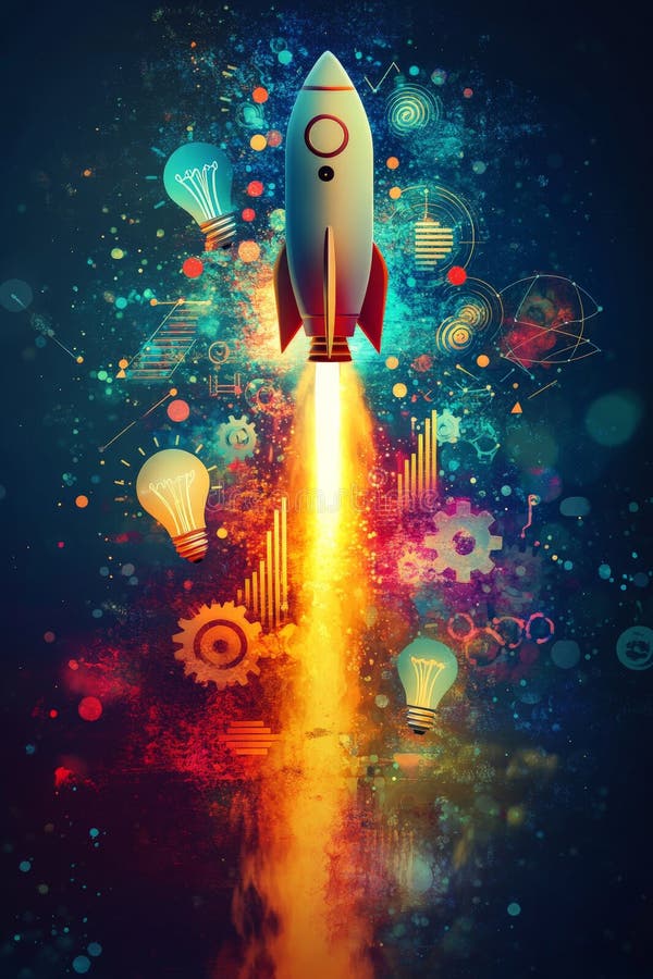 An Abstract Scene of a Rocket Lifting Off from a Stack of Colorful ...