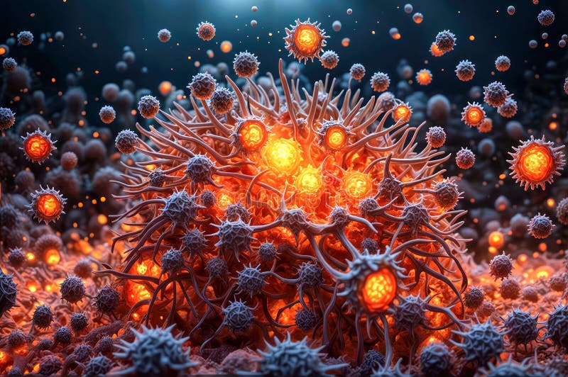 Abstract Scene with Viruses, an Image of Glowing Orange Coronavirus ...