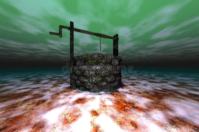 Abstract Scene Well in Desert Green Sky and for Ground 3d Rendering ...