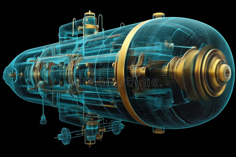 Abstract Schematic of a Conceptual Machine Engine in Neon Wireframe ...