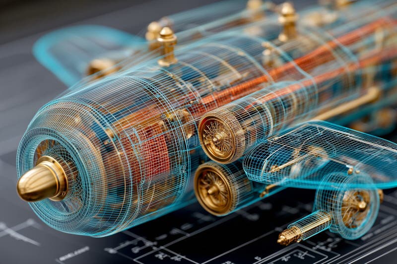 Abstract Schematic of a Conceptual Machine Engine in Neon Wireframe ...