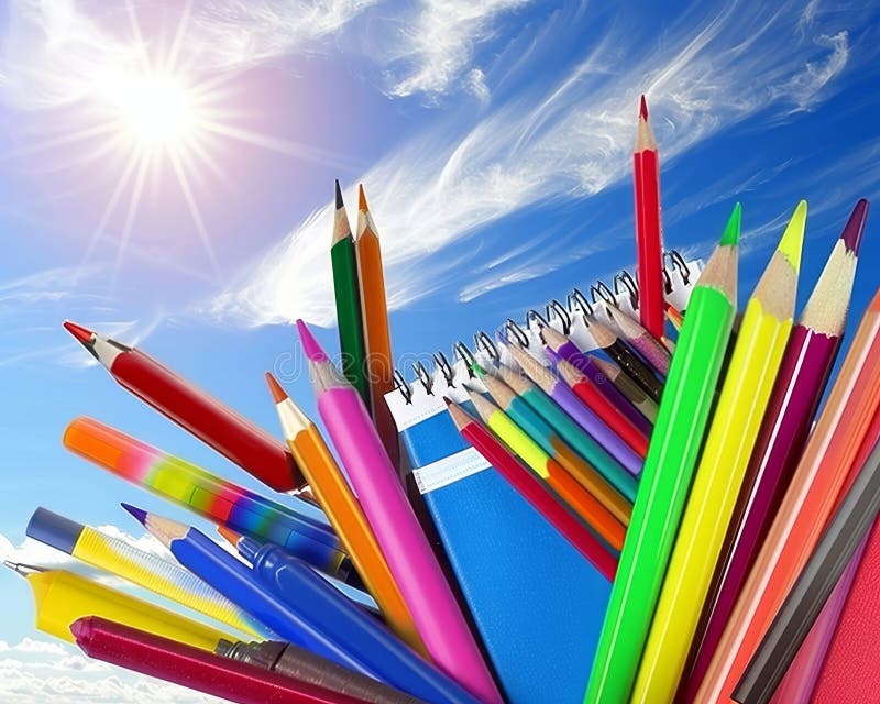 Abstract School Items Composition with Sky and Sun Rays Background for ...