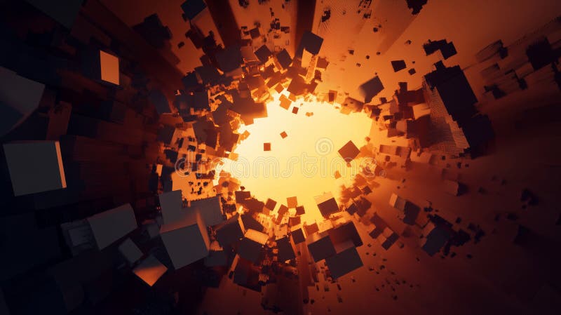 Abstract Sci-Fi Explosion with Floating Cubes in Orange Glow Stock ...