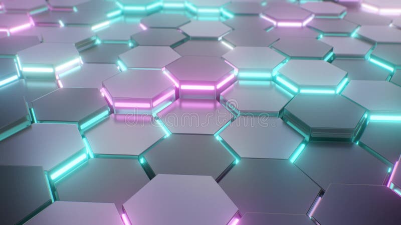 Abstract Sci-Fi Neon Glow Hexagon Cell Matrix Moves and Lights Flash ...