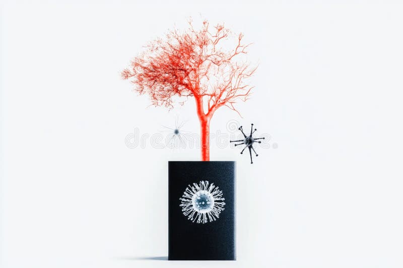 Abstract Science Art with Red Tree and Molecular Structures on White ...
