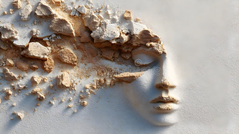 Abstract Sculpture of a Face Emerging from a Textured Wall, with ...