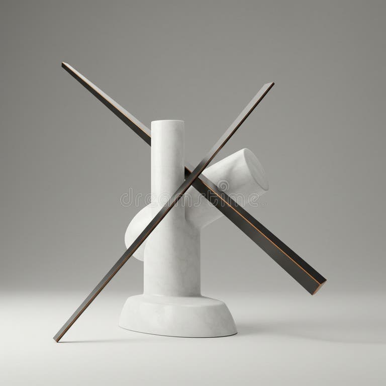 Abstract Sculpture Featuring Intersecting Geometric Forms. a Central White Marble-like Stock ...