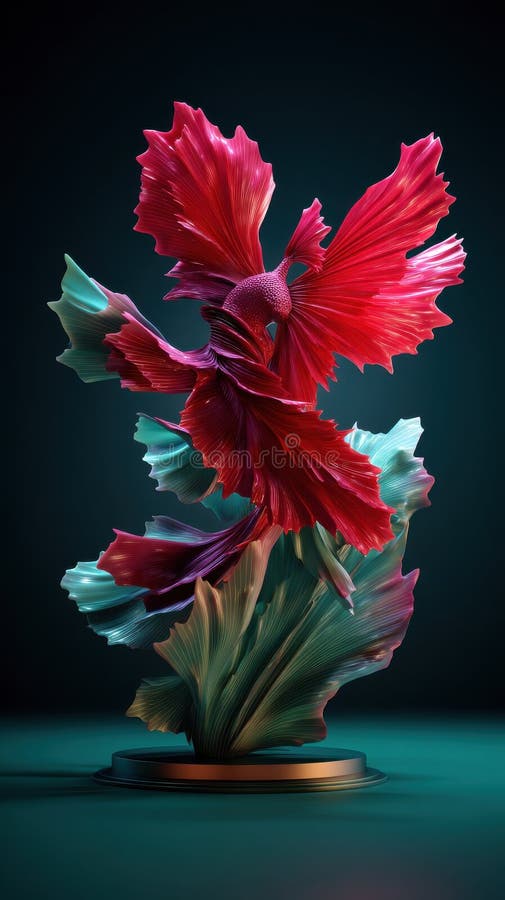 Abstract Sculpture with Flowing Red and Teal Forms on Pedestal, Studio ...