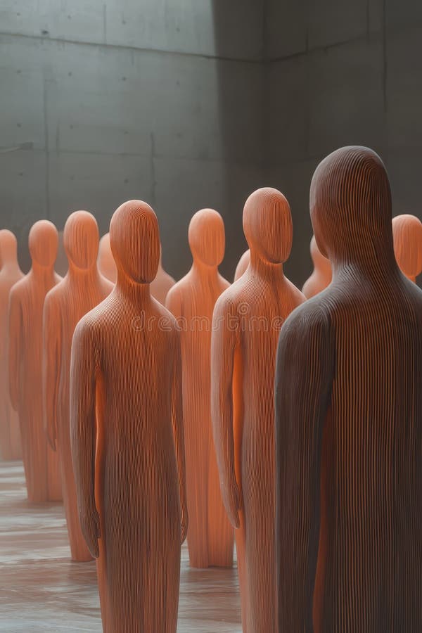 Abstract Sculpture Installation with Stylized Human Figures in Room ...