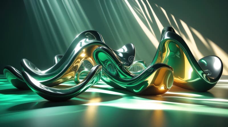 Abstract Sculpture with Metallic Waves Reflecting Light and Shadows ...
