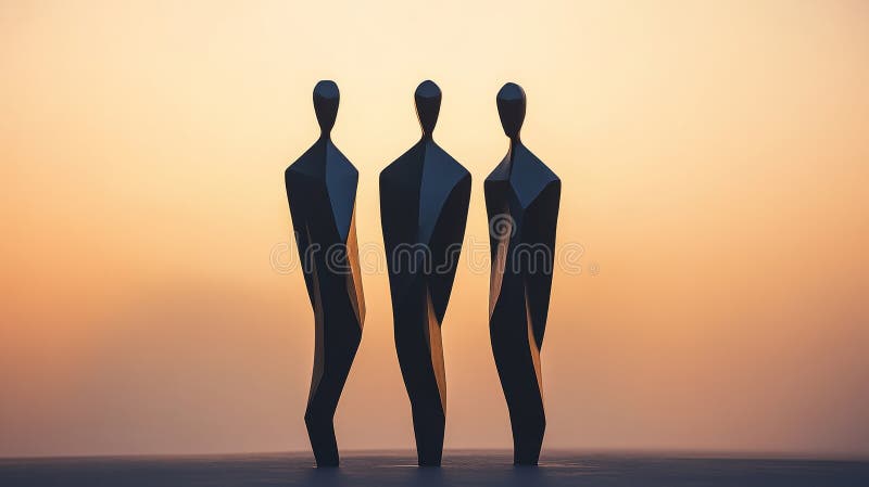 Abstract Sculptures of Three Figures at Sunset, Minimalist Art Concept ...