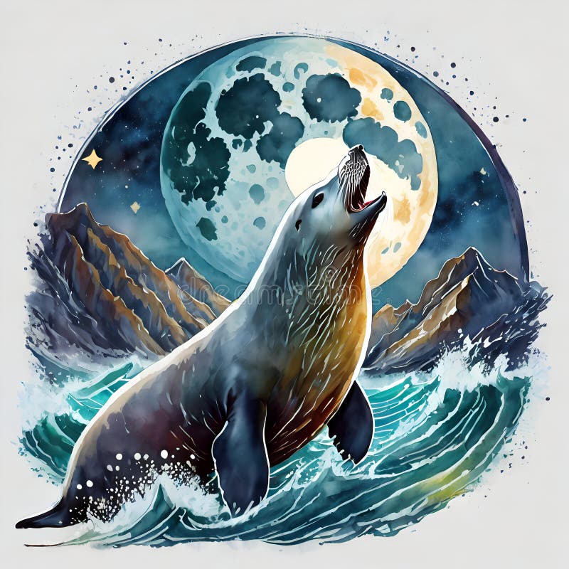 Abstract Seal Howling at the Moon, Detailed Illustration, Computer Art ...