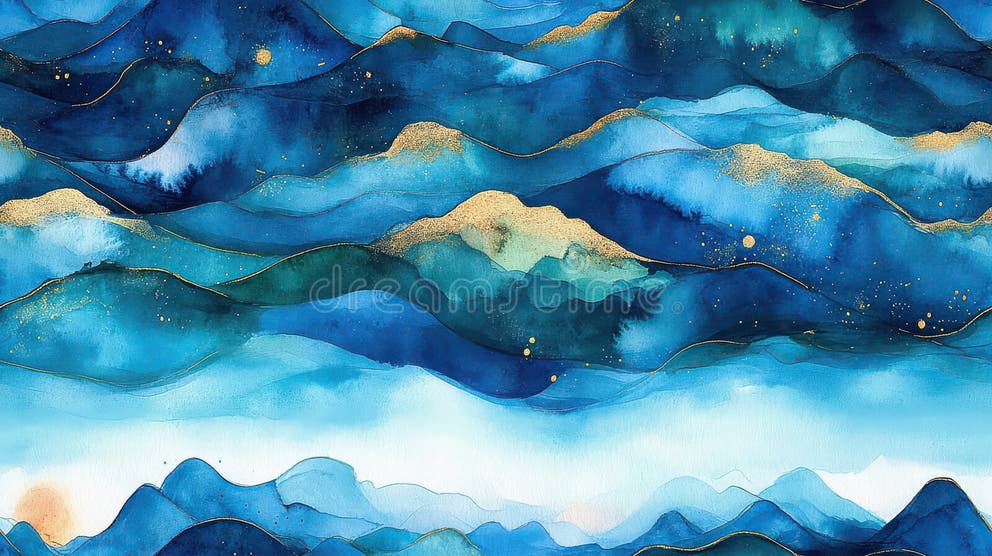 Abstract Seamless Deep Blue and Gold Wave Pattern with Watercolor ...