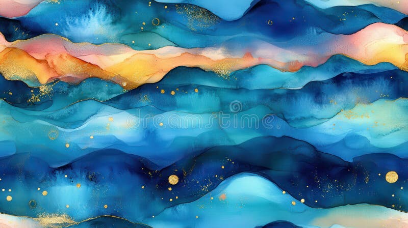 Abstract Seamless Deep Blue and Gold Wave Pattern with Watercolor ...