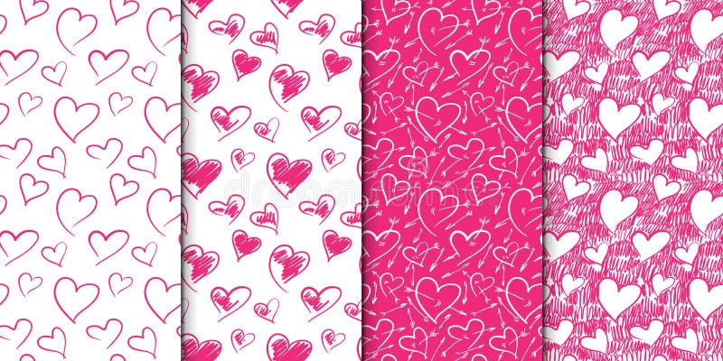 Abstract Seamless Heart Pattern Set. Hand Drawn Illustration. Pink and ...