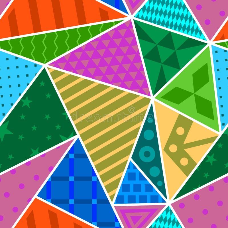 Abstract Seamless Patchwork with Bright Triangle Patterns. Vector ...