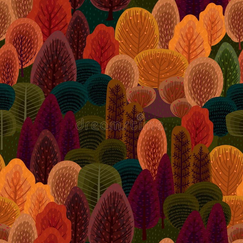 Abstract Seamless Pattern with Autumn Forest. Trees, Bushes, Grass ...