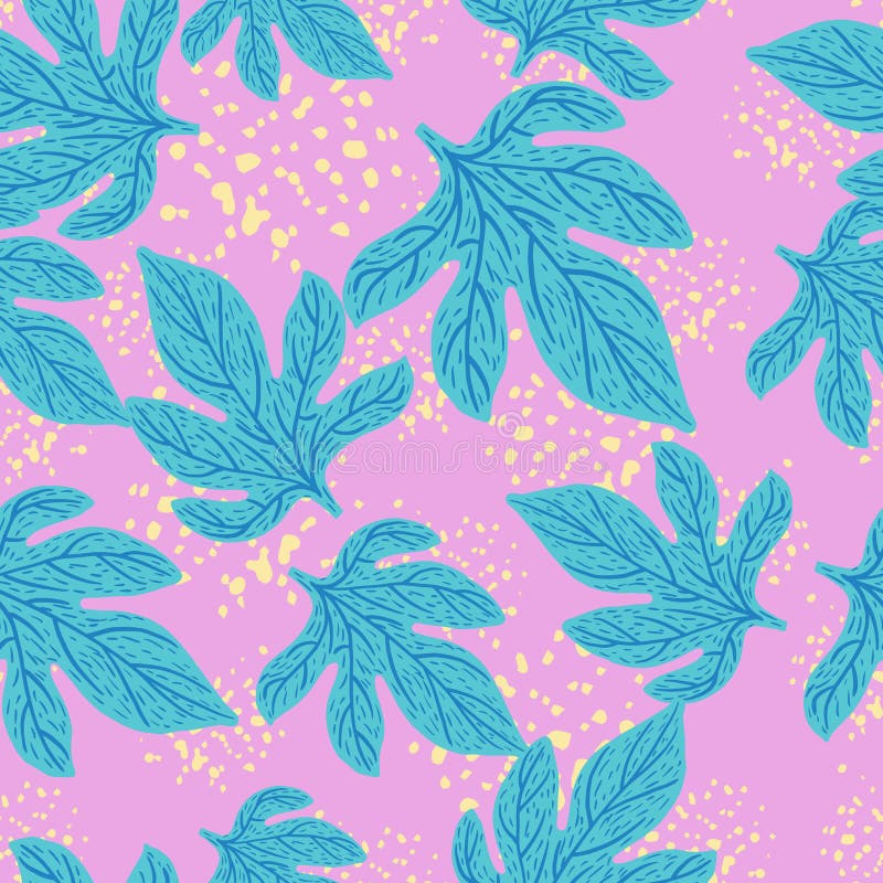 Abstract Seamless Pattern with Blue Bright Leaves Random Ornament. Pink ...