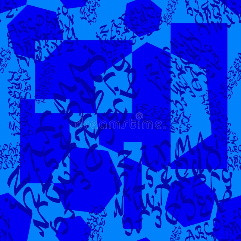 Abstract Seamless Pattern in Blue Tones. Letters of the Latin Alphabet ...