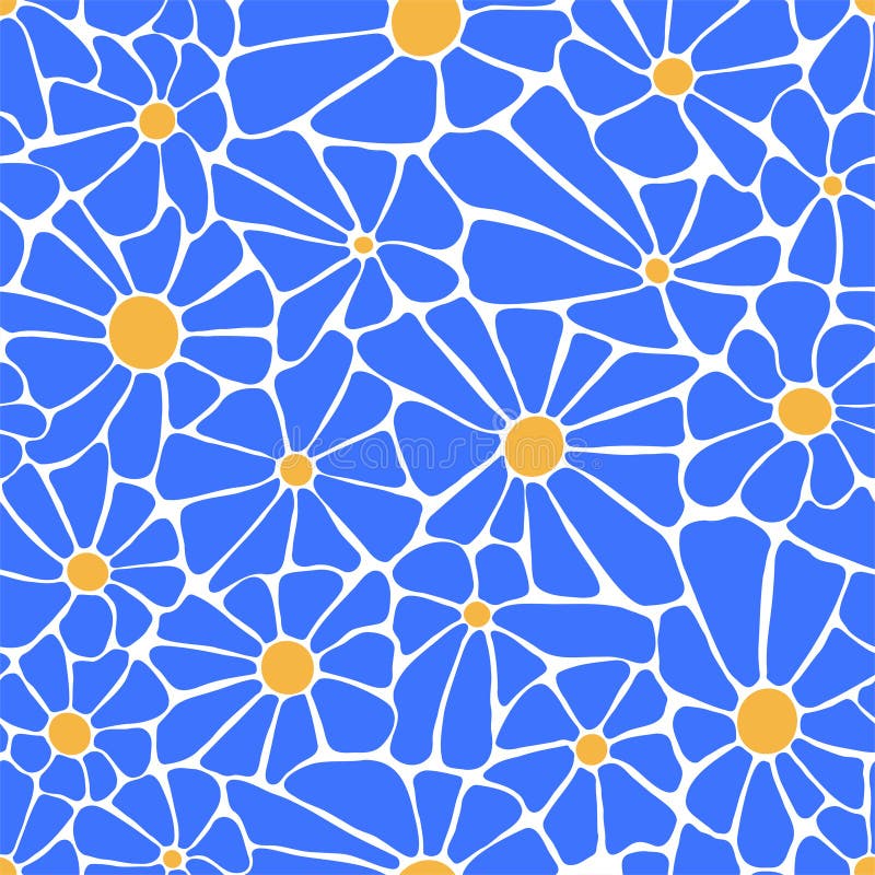 Abstract Seamless Pattern with Blue Yellow Had Drawn Flowers Stock ...