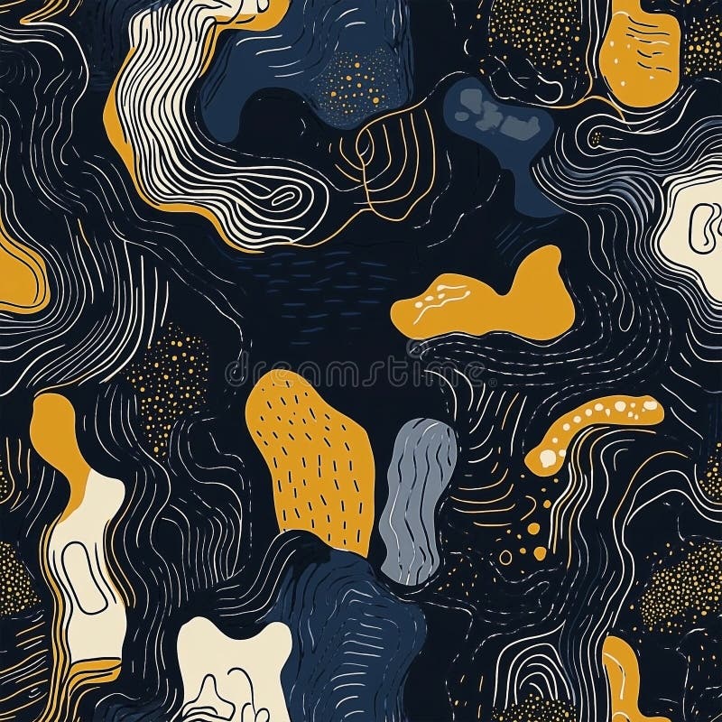 Abstract Seamless Pattern with Bold Yellow and Navy Lines and Shapes on ...
