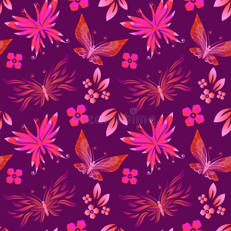 Abstract Seamless Pattern with Butterflies, Flowers and Leaves Stock ...