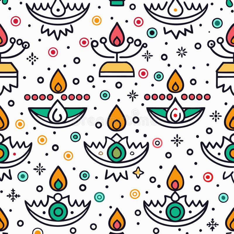 Abstract Seamless Pattern with Candles, Circles and Stars in Line Style ...
