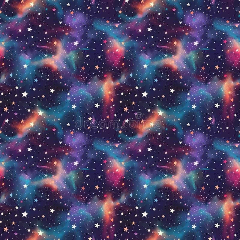 Abstract Seamless Pattern with Colorful Stars and Nebulae on Dark Space ...
