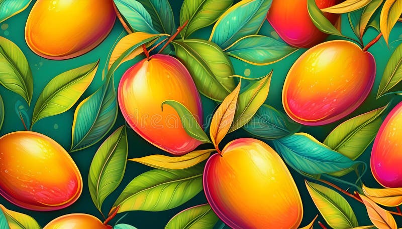 Seamless Pattern with Cute Mango, Mango and Leaves in Bright Colors ...