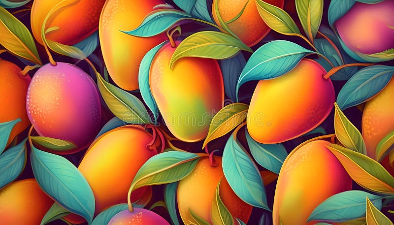 Seamless Pattern with Cute Mango, Mango and Leaves in Bright Colors ...