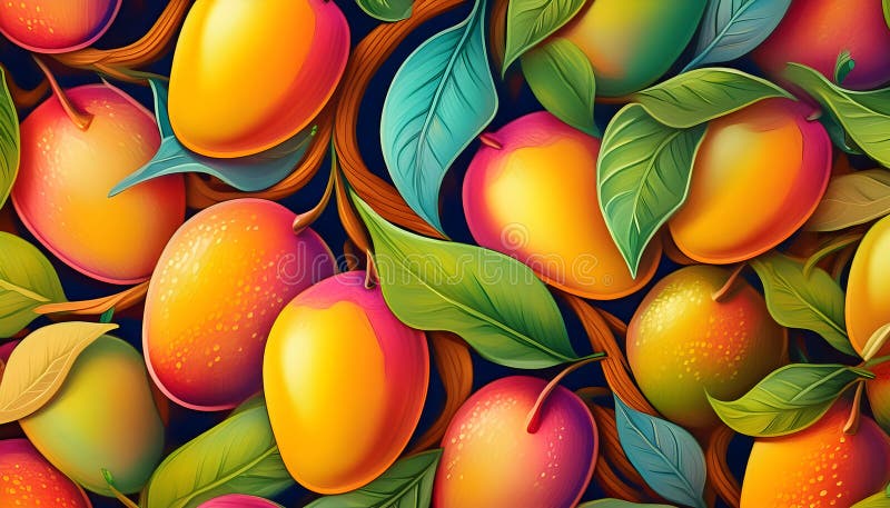 Seamless Pattern with Cute Mango, Mango and Leaves in Bright Colors ...