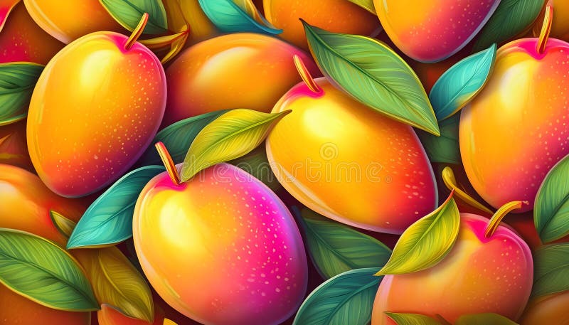 Seamless Pattern with Cute Mango, Mango and Leaves in Bright Colors ...