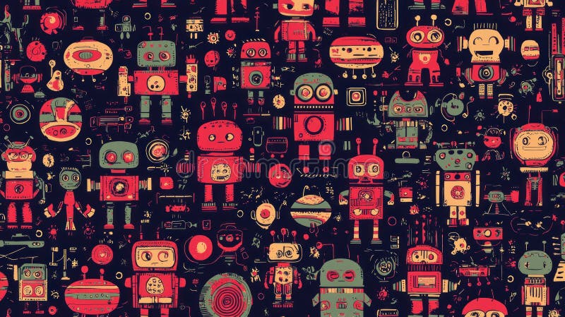 Colorful Robot Pattern on a Dark Background Stock Illustration ...